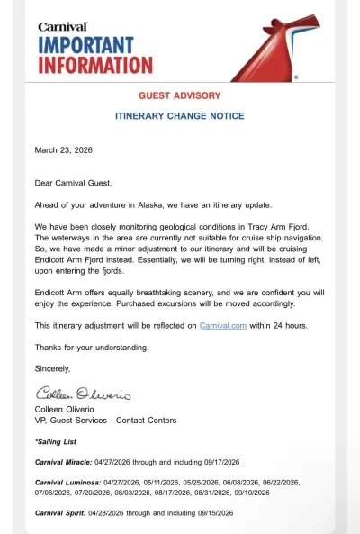 Carnival cancels all 2026 Alaska cruise visits to popular glacier ...
